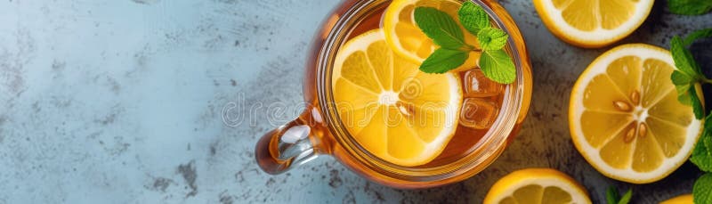 Top View Iced Tea Pitcher with Lemon and Mint. Banner for Web ...