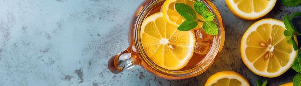Top View Iced Tea Pitcher with Lemon and Mint. Banner for Web ...