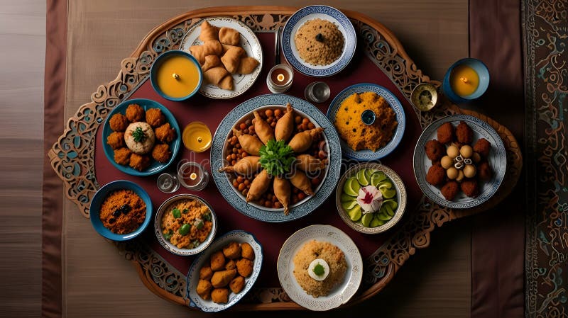 Top View of an Iftar Table with Traditional Eid Dishes and Decorative ...