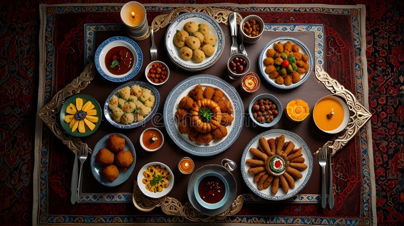 Top View of an Iftar Table with Traditional Eid Dishes and Decorative ...