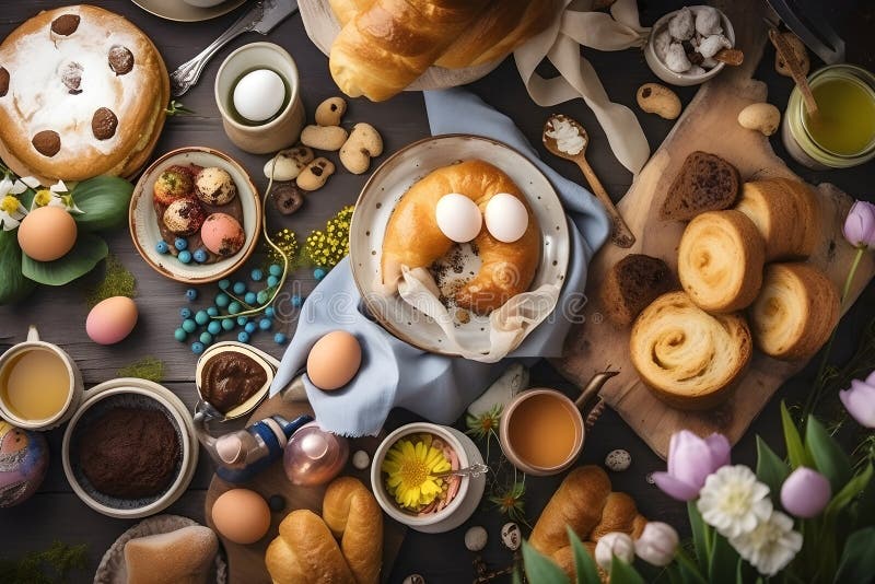Top View Illustration of Easter Sunday Breakfast with Different Food ...