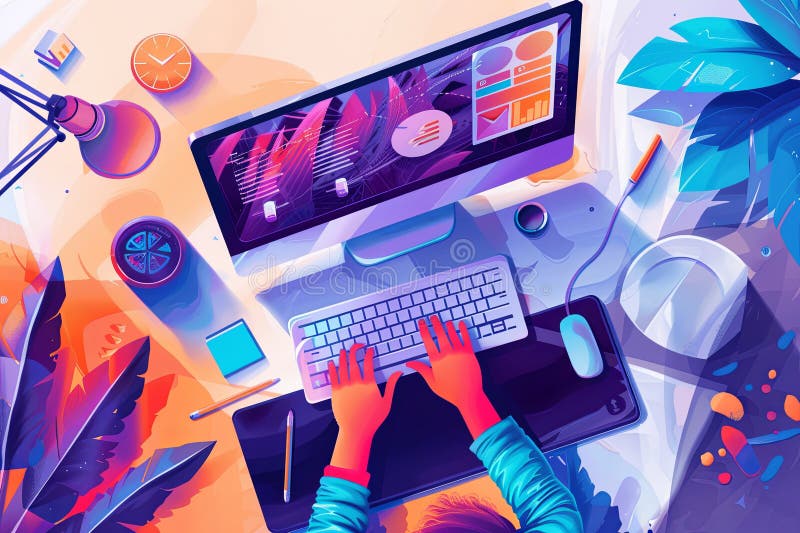 Top View Illustration of a Man Focused on Typing on a Computer ...