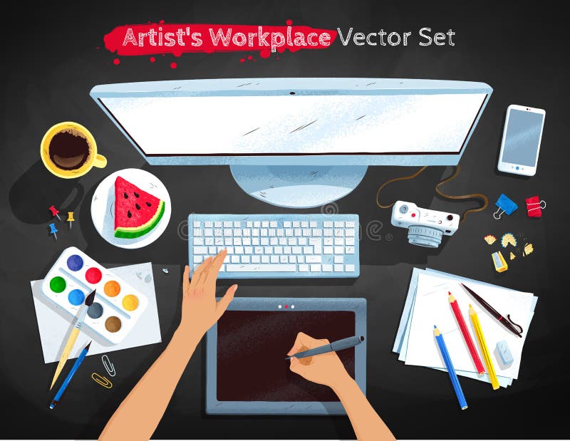 Top View Illustrations Set of Artists Workplace Stock Vector ...