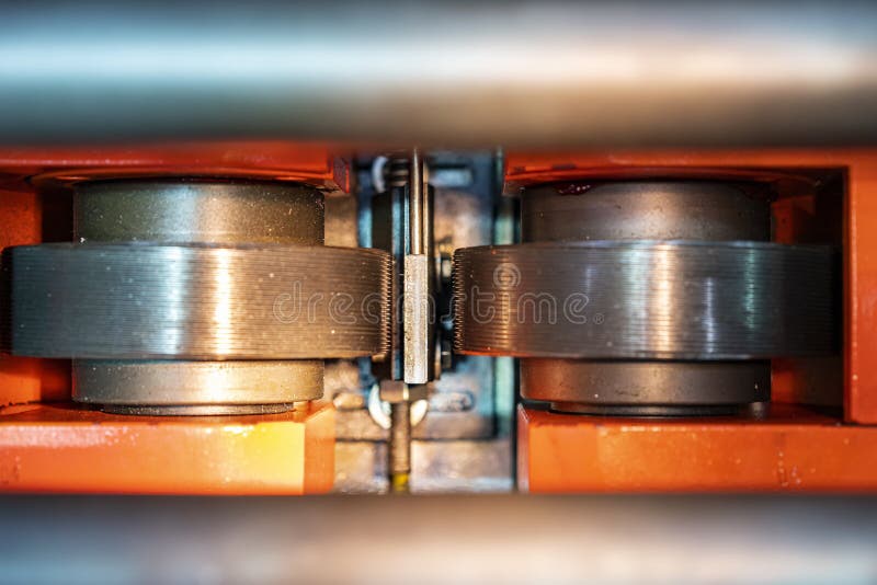 Top View Image Close Up Steel Bar or Rod Material Workpiece and Roller ...