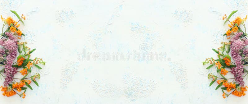 Top View Image of Field Flowers Over White Wooden Background Stock ...