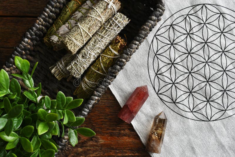 Crystal Healing Grid and Smudge Bundles Stock Image - Image of herb ...