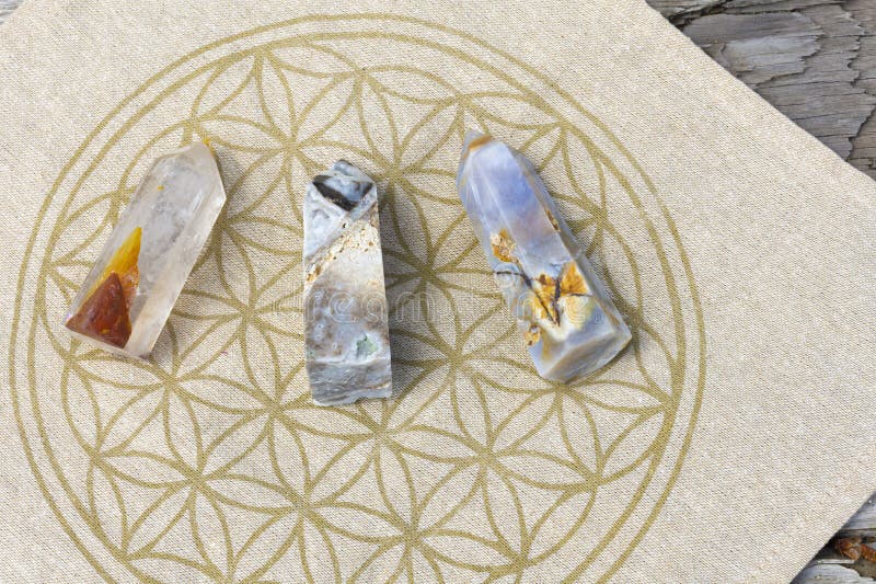 Three Healing Crystal Towers and Crystal Grid Cloth Stock Image - Image ...