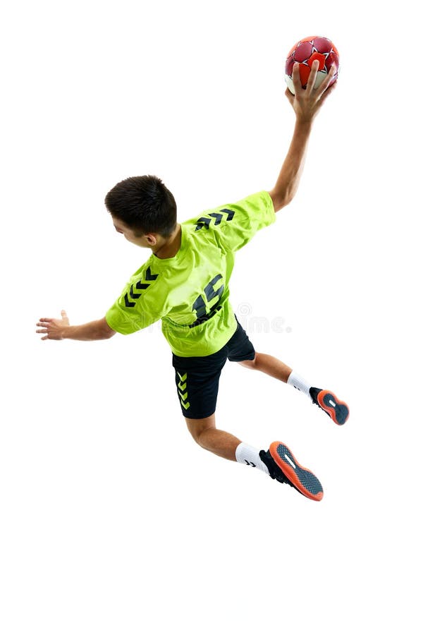 Competitive Young Guy in Uniform, Handball Player in a Jump, Throwing ...