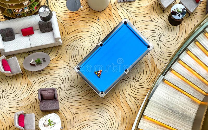 Top View of Indoor Hotel Lobby, Blue Pool Table, Sofa, Chairs and ...