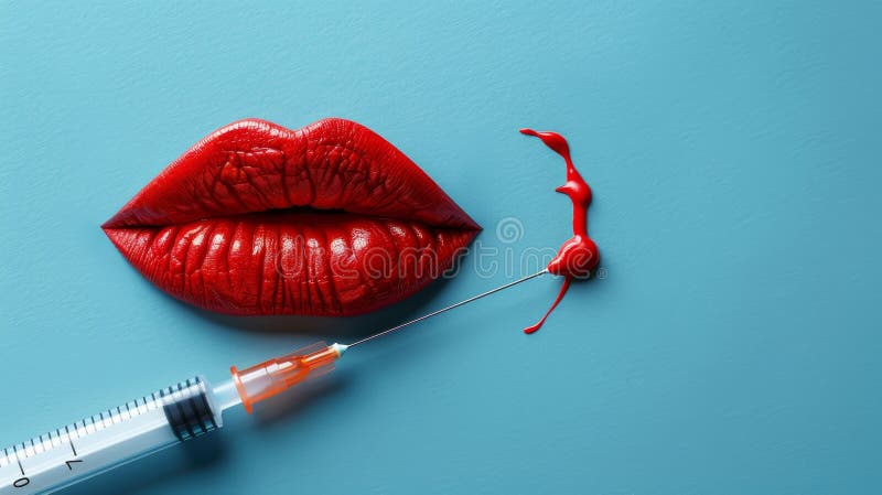 Top View of Injection in Human Lips with Syringe on Blue Background ...
