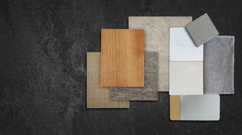 Top View of Interior Material Samples Including Ceramic Tiles, Quartz ...