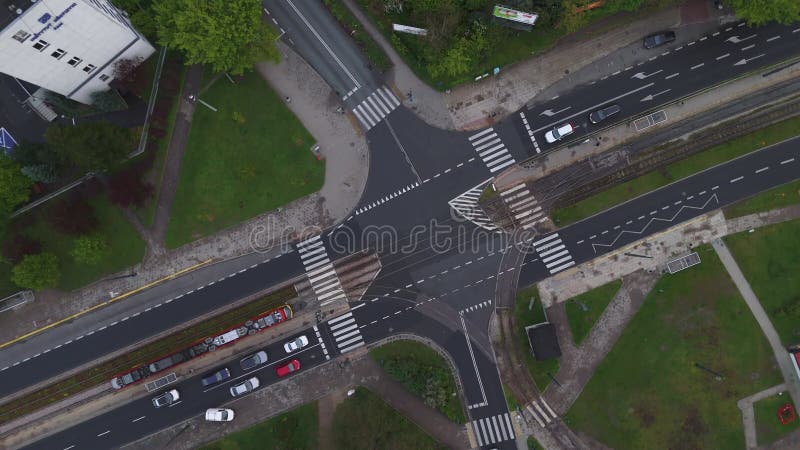 Top View of Intersection with Cars and Tram in Summer Stock Footage ...