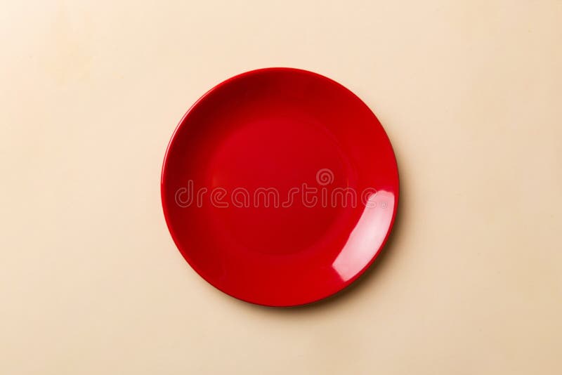 Top View of Isolated of Colored Background Empty Round Red Plate for ...