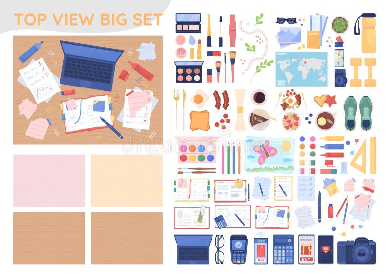 Top View Items 2D Vector Isolated Illustrations Big Set Stock Vector ...