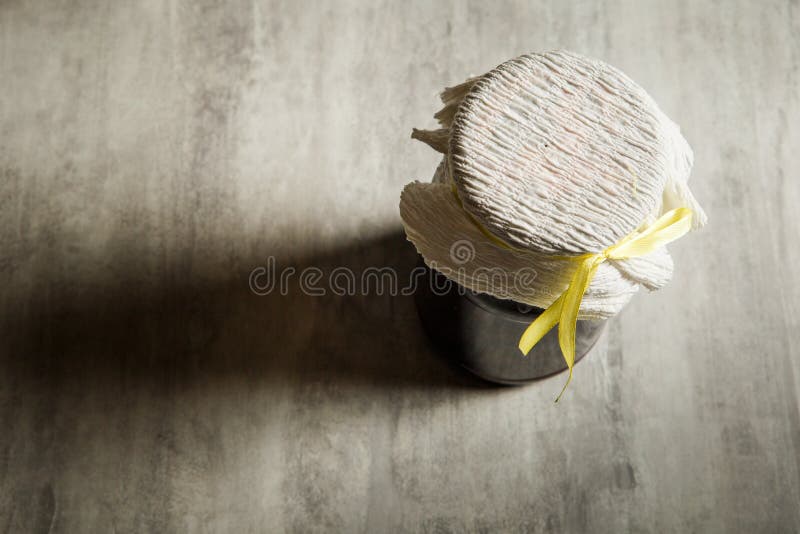 Top View Of Jar Covered With Tissue And Ribbon Stock Photo - Image of ...