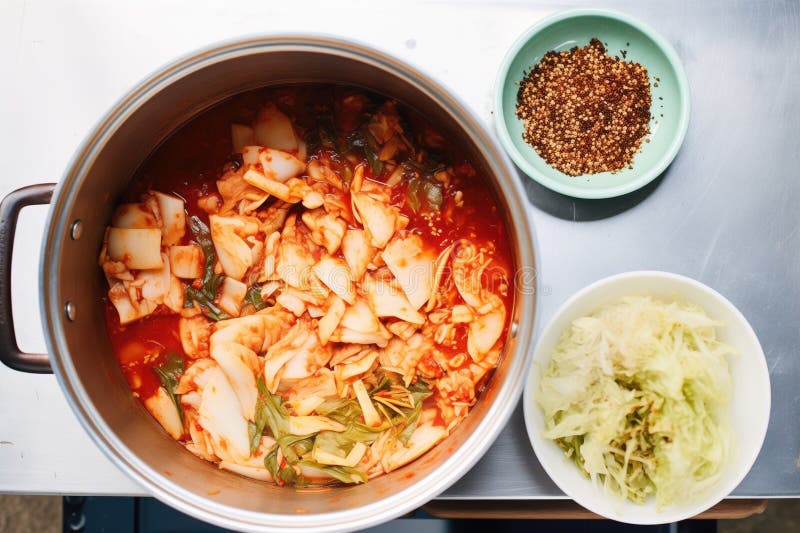 Top View of Kimchi-making Process with Cabbage and Spices Stock Image ...
