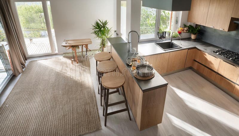 Top View of Kitchen Interior with Bar Counter and Cooking Corner with ...