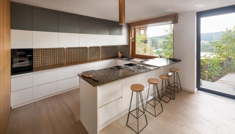 Top View of Kitchen Interior with Bar Counter and Cooking Corner with ...