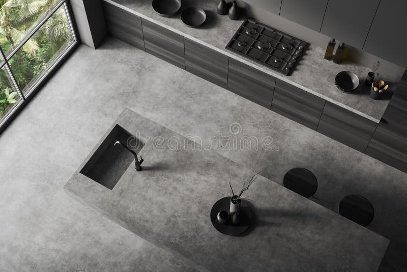 Top View of Kitchen Interior with Countertop, Kitchenware and Panoramic ...