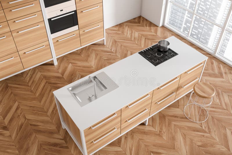 Top View of Kitchen Interior with Countertop and Sink, Panoramic Window ...