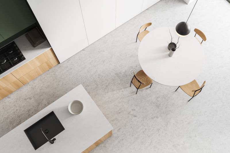 Top View of Kitchen Interior with Eating Table and Island, Kitchenware ...