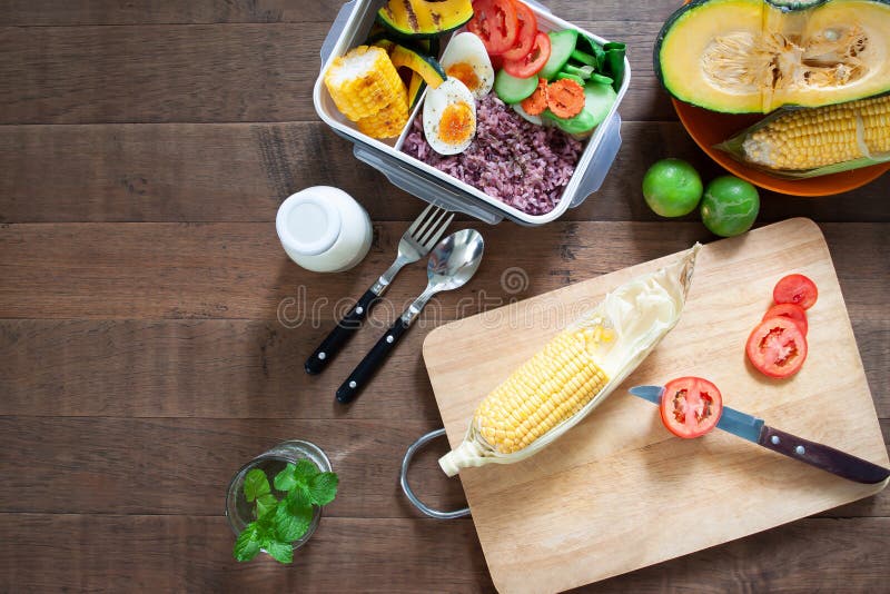 Top View Kitchen Table with Lunch Box, Rice Berry, Boiled Eggs, Stock ...