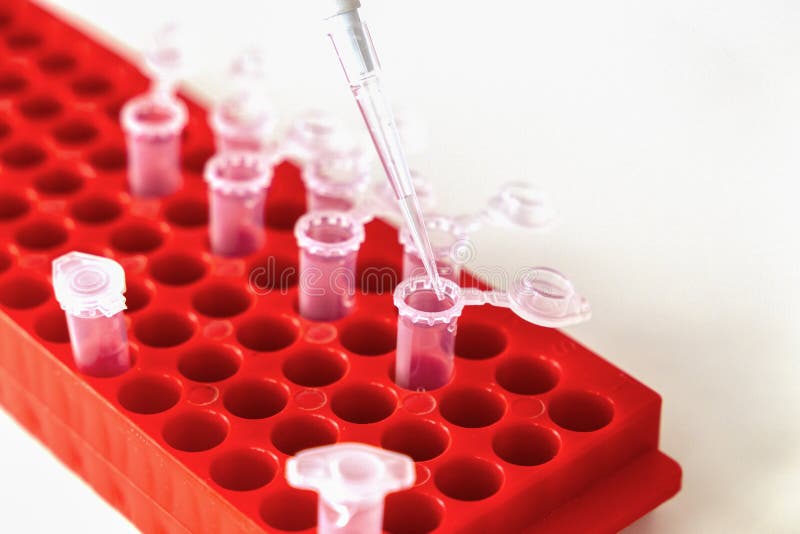 Top View on Laboratory Table with Digital Pipette Dispenses Liquid from ...