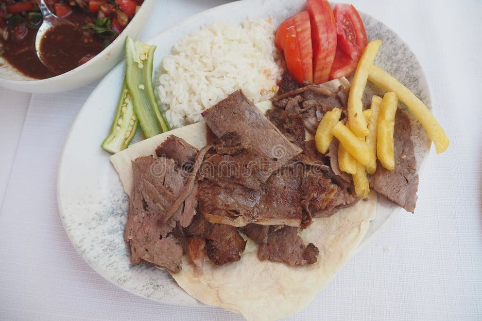 Top View of Lamb Doner Kebab, Rice and Chips on a Plate Stock Image ...