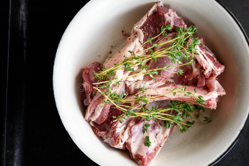 Top View of Lamb Loin and Thyme Stock Image - Image of rack, space ...