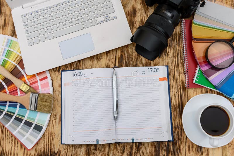 Top View at Laptop, Camera and Diary Stock Photo - Image of empty ...