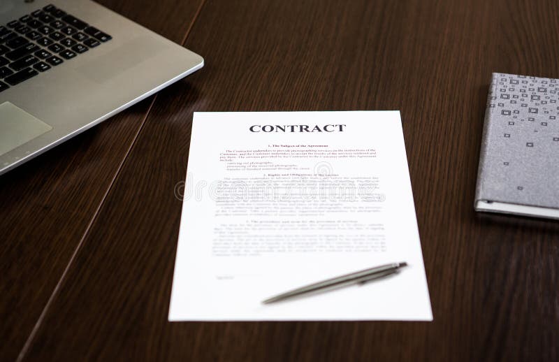 Top View of Laptop Computer, Contract, Planner on Wooden Table in ...