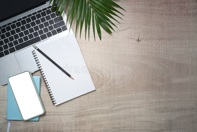 Top View Laptop, Notebook and Mobile Phone on Wooden Table. Stock Image ...