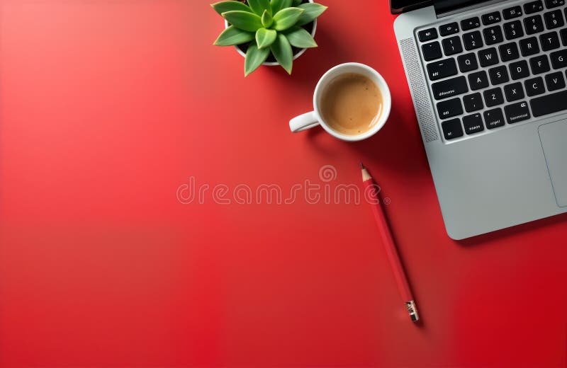 Top View of Laptop Computer with Red Pencil, Cup of Coffee on Red Desk ...