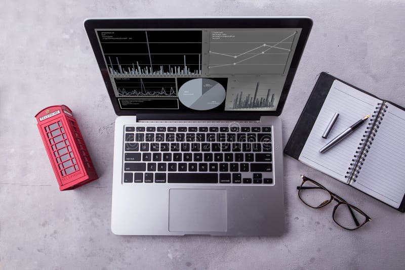 Top View of a Laptop Computer with Statistics Data on a Screen. Stock ...