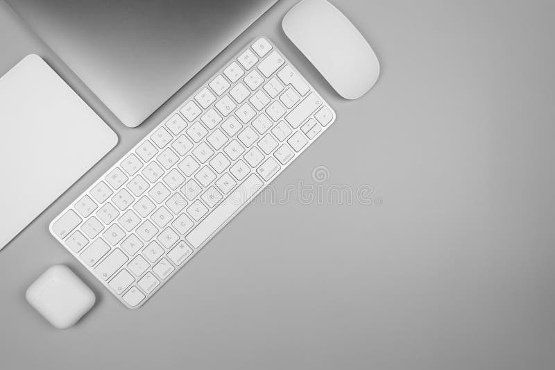 Top View of Laptop Computer, White Keyboard, Touchpad, Mouse and ...
