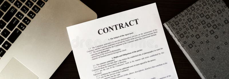 Top View of Laptop, Contract, Planner on Wooden Table in Office Stock ...