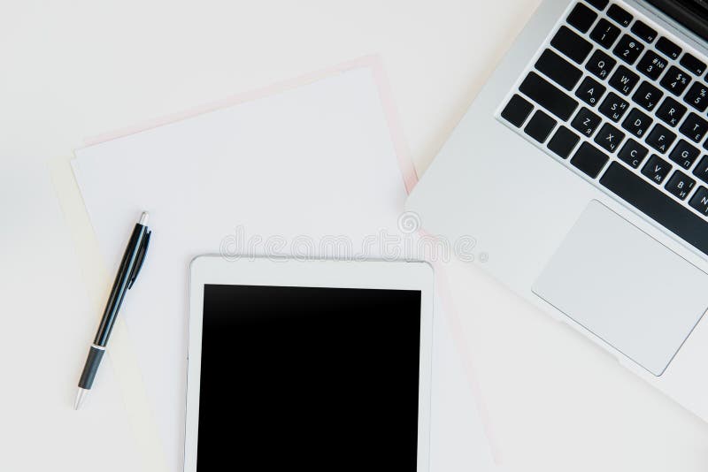 Top View of Laptop and Digital Tablet with Blank Screen and Office ...