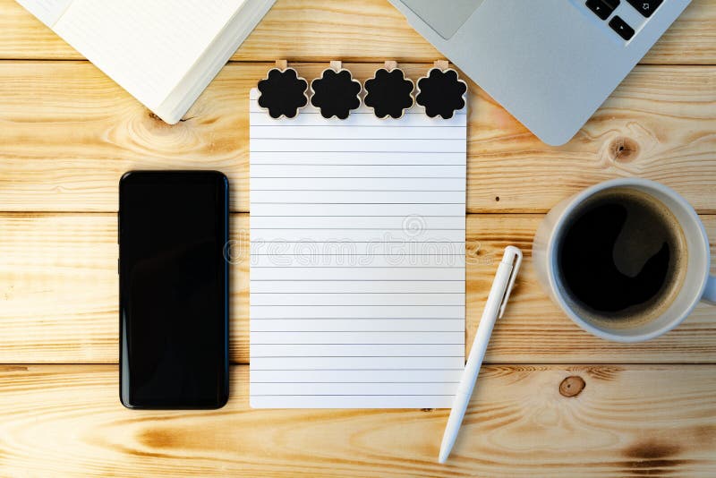Top View of Laptop and Notepad on Table Stock Image - Image of table ...