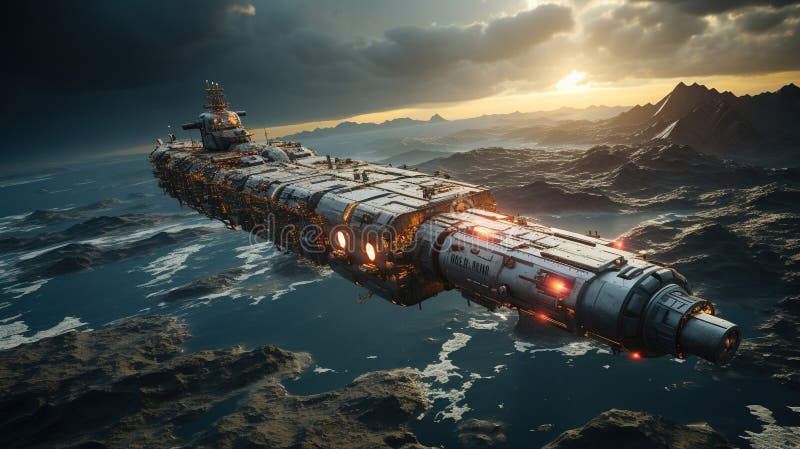 Top View of Large Advanced Space Ship on Blurry Background Stock ...