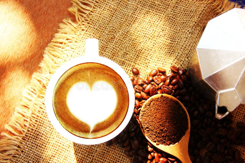 Top View Latte Coffee Raw Material Coffee Bean Ground Coffee and Pot on ...