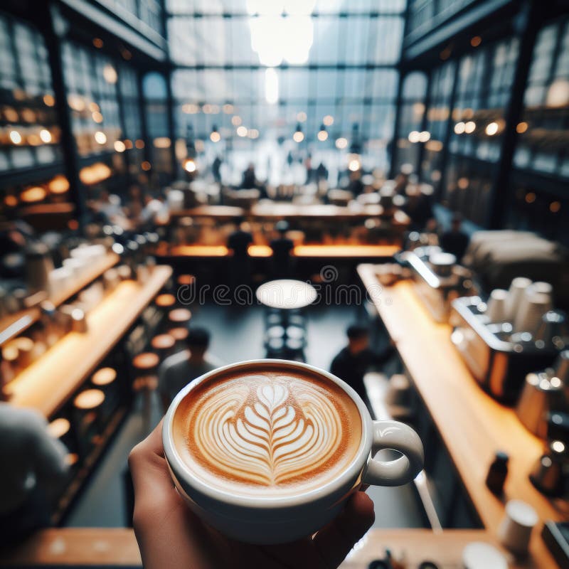 Top View of a Latte with Sophisticated Latte Art, Background of Cafe ...