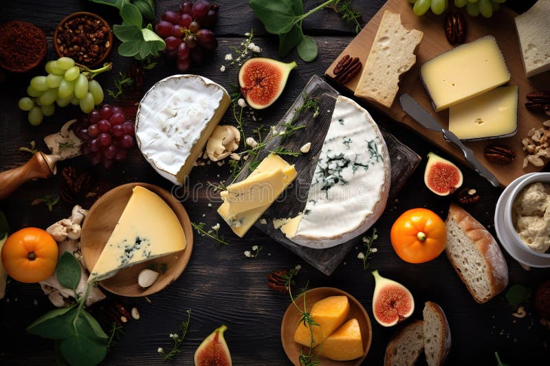 Top View Layout of Cheese Board Served with Fresh Fruit and Crackers ...