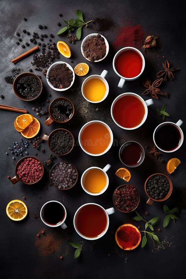 Top View Layout of Different Varieties of Herbal Teas. Dark Background ...