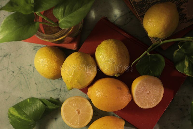 Top View of Lemons on a Red Book with Vine Leaves Stock Photo - Image ...