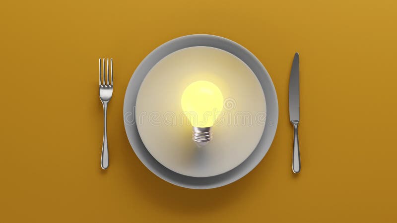 Top View of Light Bulb on White Ceramic Plate Set, 3D Render Stock ...