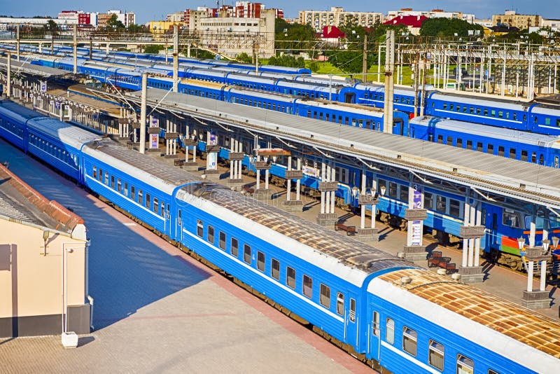 Top View of Lines of Standard Blue Railway Carriages at Station ...