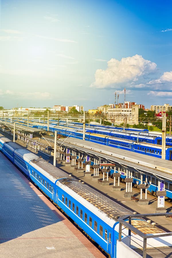 Top View of Lines of Standard Blue Railway Carriages at Station ...