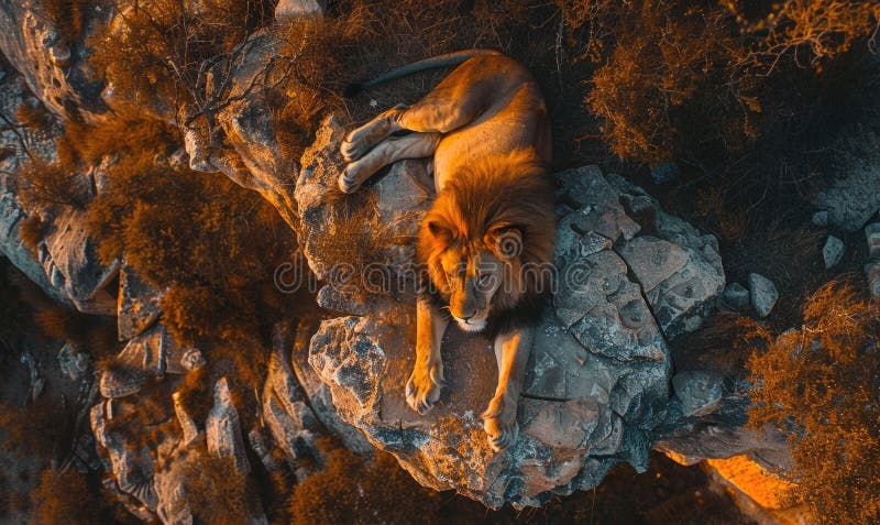 Top View of a Lion Resting on a Rocky Cliff Stock Image - Image of lion ...