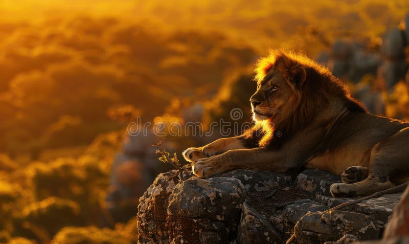 Top View of a Lion Resting on a Rocky Cliff Stock Photo - Image of head ...