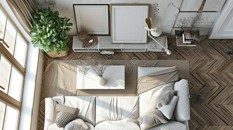 Top View of Living Room with Sofa and Poster Frame on Floor, Mockup ...